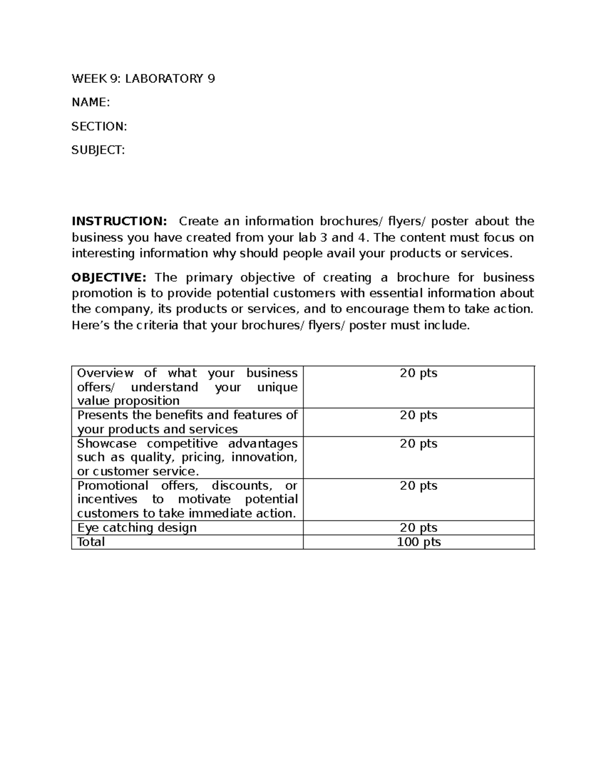 WEEK 9-Laboratory - LABORATORY - WEEK 9: LABORATORY 9 NAME: SECTION: SUBJECT: INSTRUCTION ...