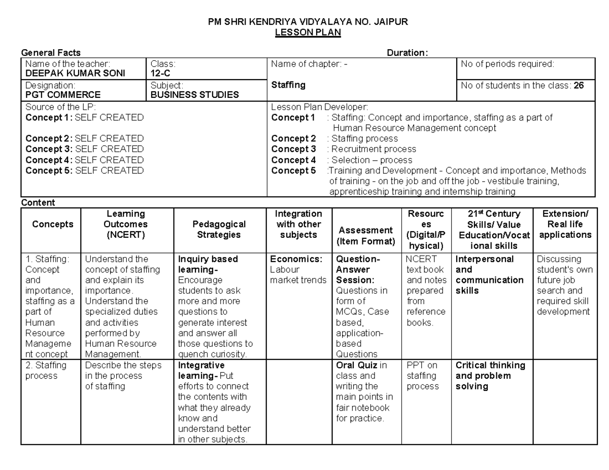 CH 6 12 BST - Lesson Plan on Staffing in Business Studies - Studocu