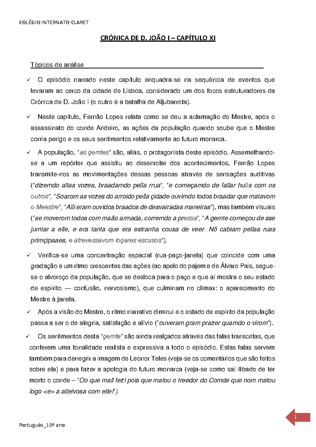Análise do Capítulo XI da Crónica de D. João I - Português 10º ano ...