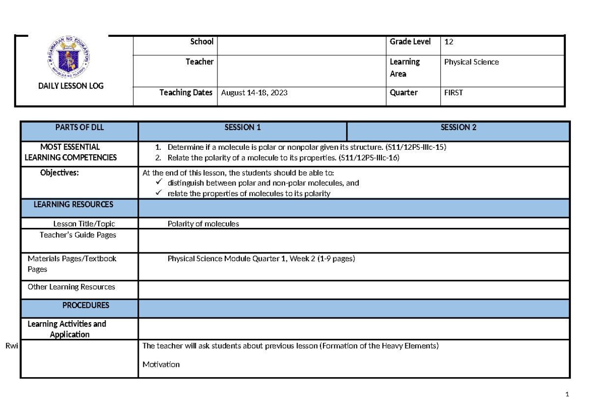 Physical Science DLL (Week 2) - PARTS OF DLL SESSION 1 SESSION 2 MOST ...