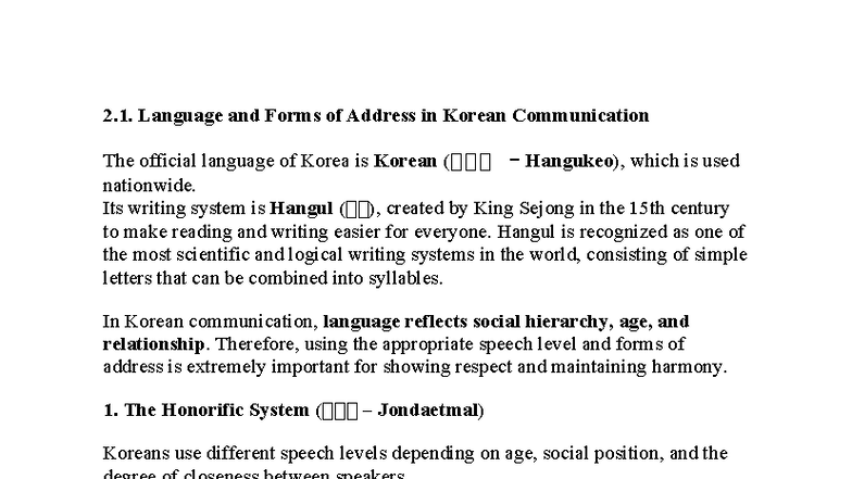 2.1. Korean Communication: Language & Forms of Address - Studocu
