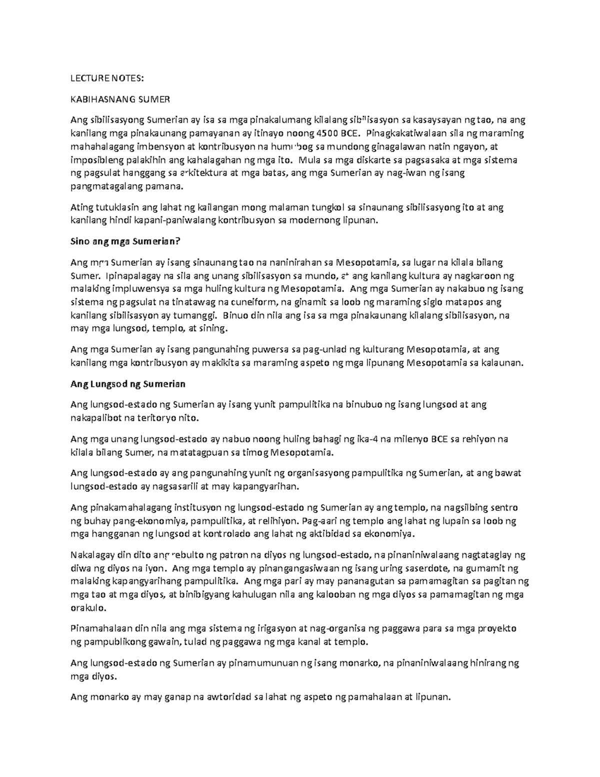 Kabihasnang Sumer: Lecture Notes on Ancient Civilization - Studocu