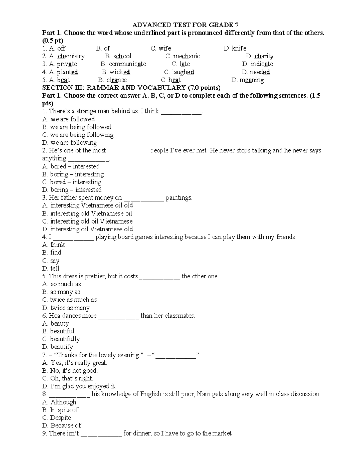 ADVANCED TEST FOR GRADE 7: Pronunciation & Grammar Exercises - Studocu