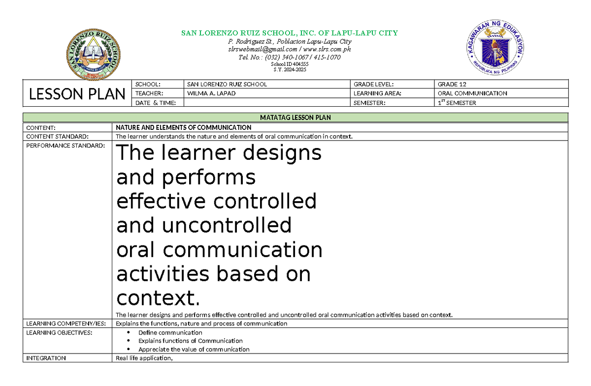 1-2. Lesson PLAN - NOTES - LESSON PLAN SCHOOL: SAN LORENZO RUIZ SCHOOL ...