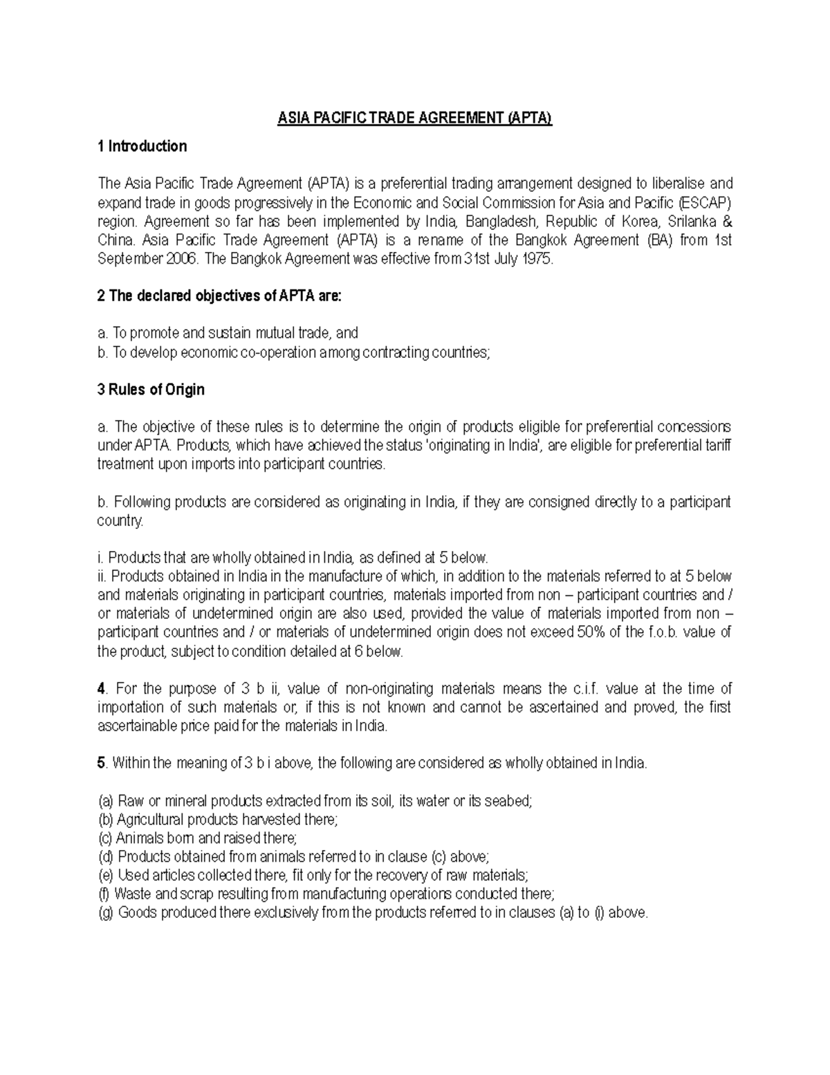 APTA Document: Overview and Rules of Origin for Trade Agreements - Studocu