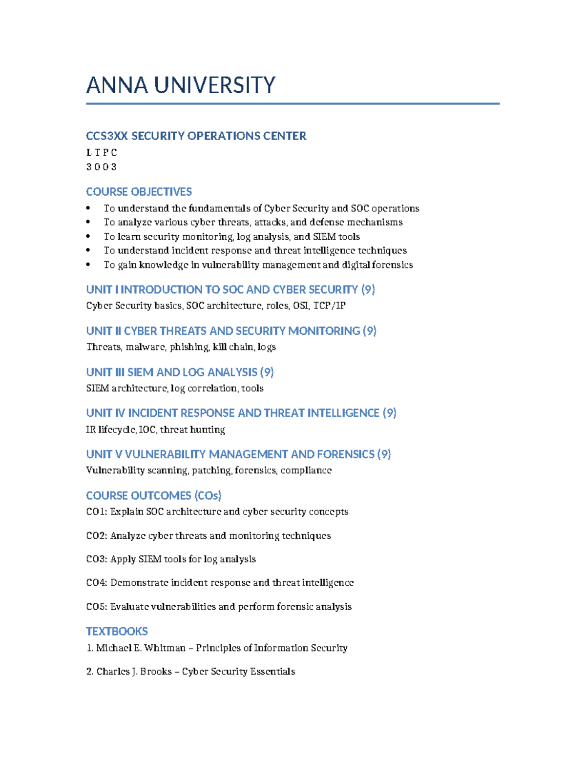 ANNA UNIVERSITY CCS3XX SOC Operations Center Syllabus Overview - Studocu