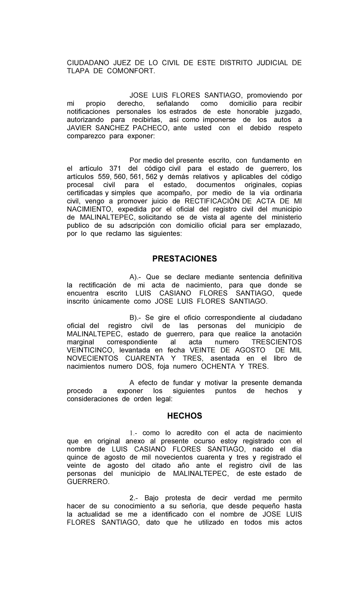 Rectificación de Acta de Nacimiento - Juicio Ordinario Civil - Studocu
