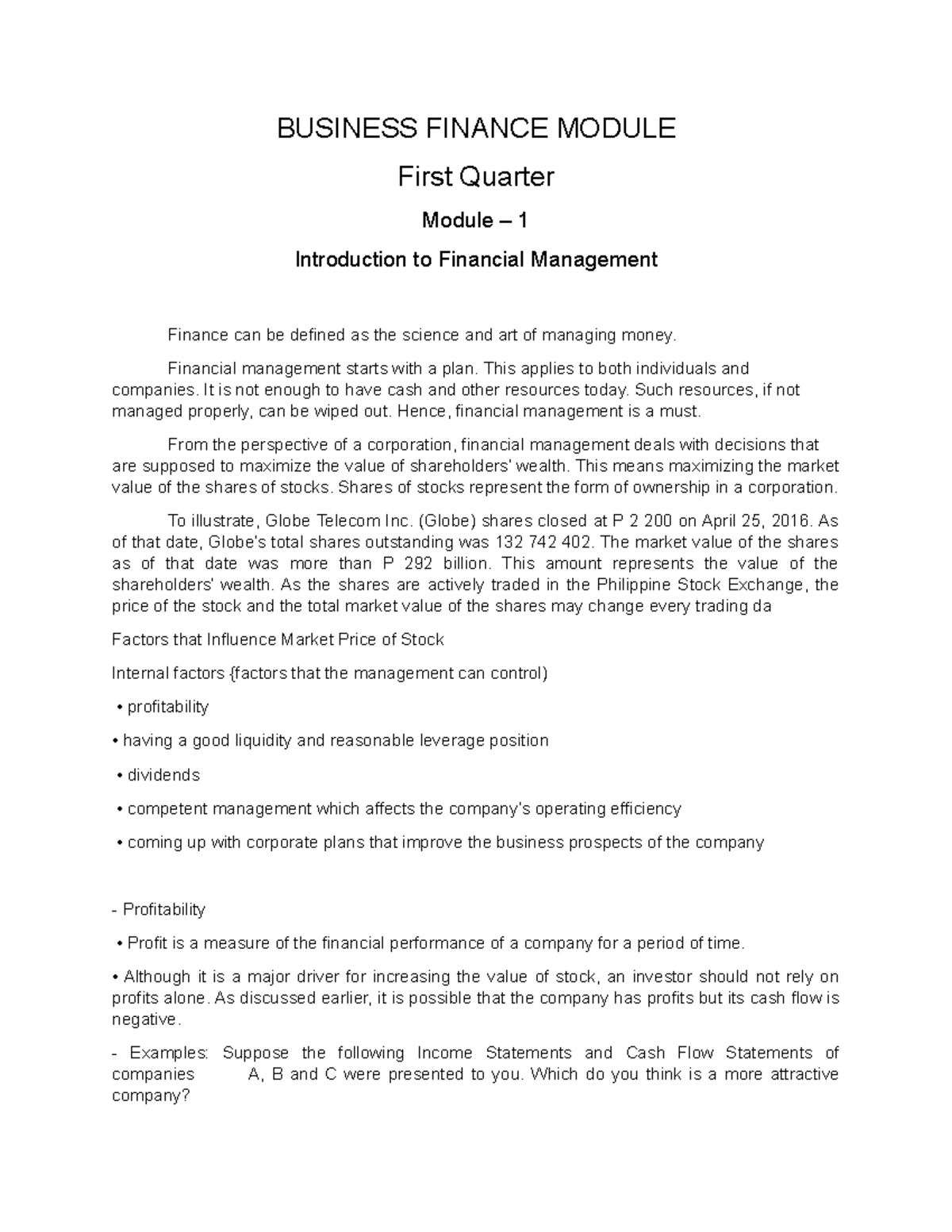 Business Finance Module - BUSINESS FINANCE MODULE First Quarter Module ...