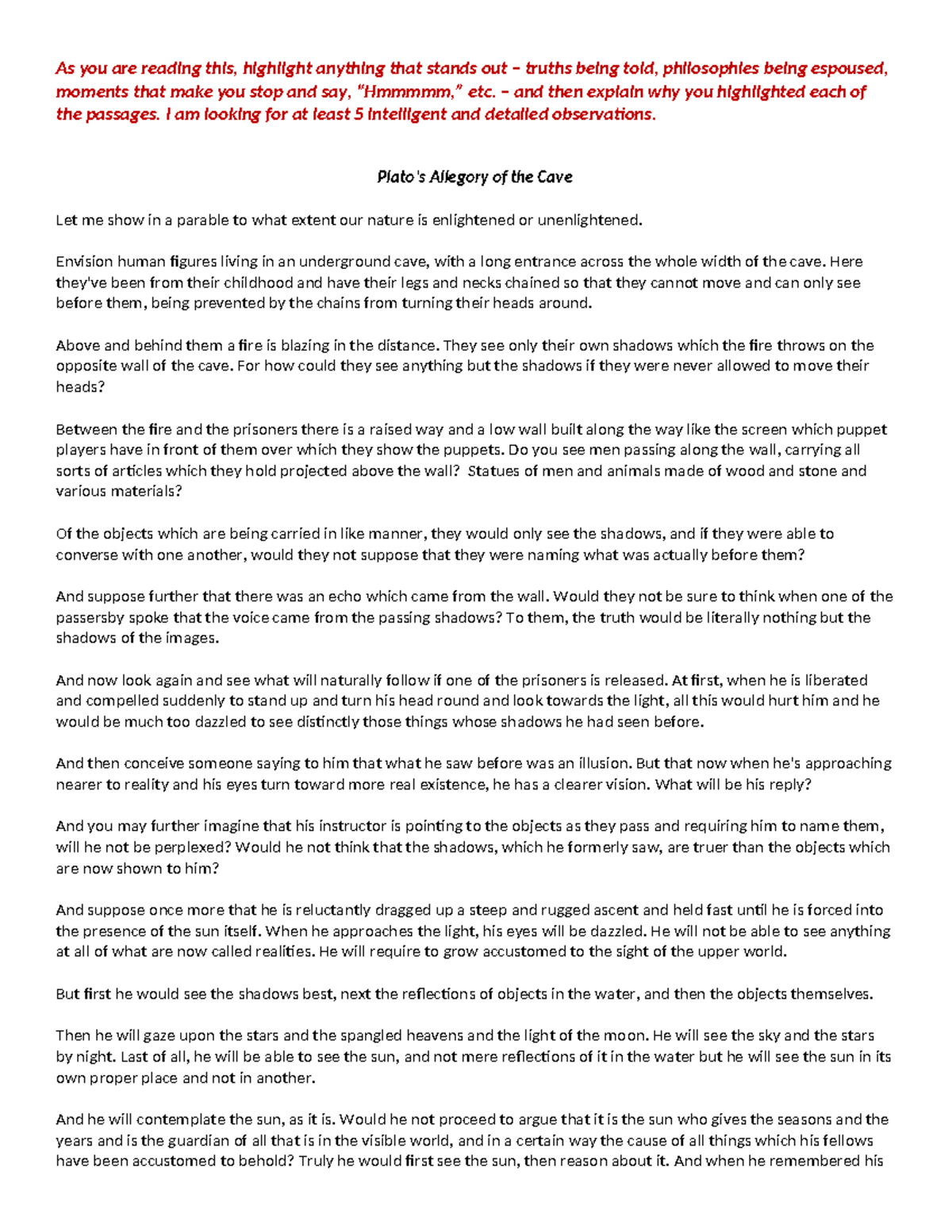 Plato's Allegory of the Cave: Observations & Reflections (Study Notes ...