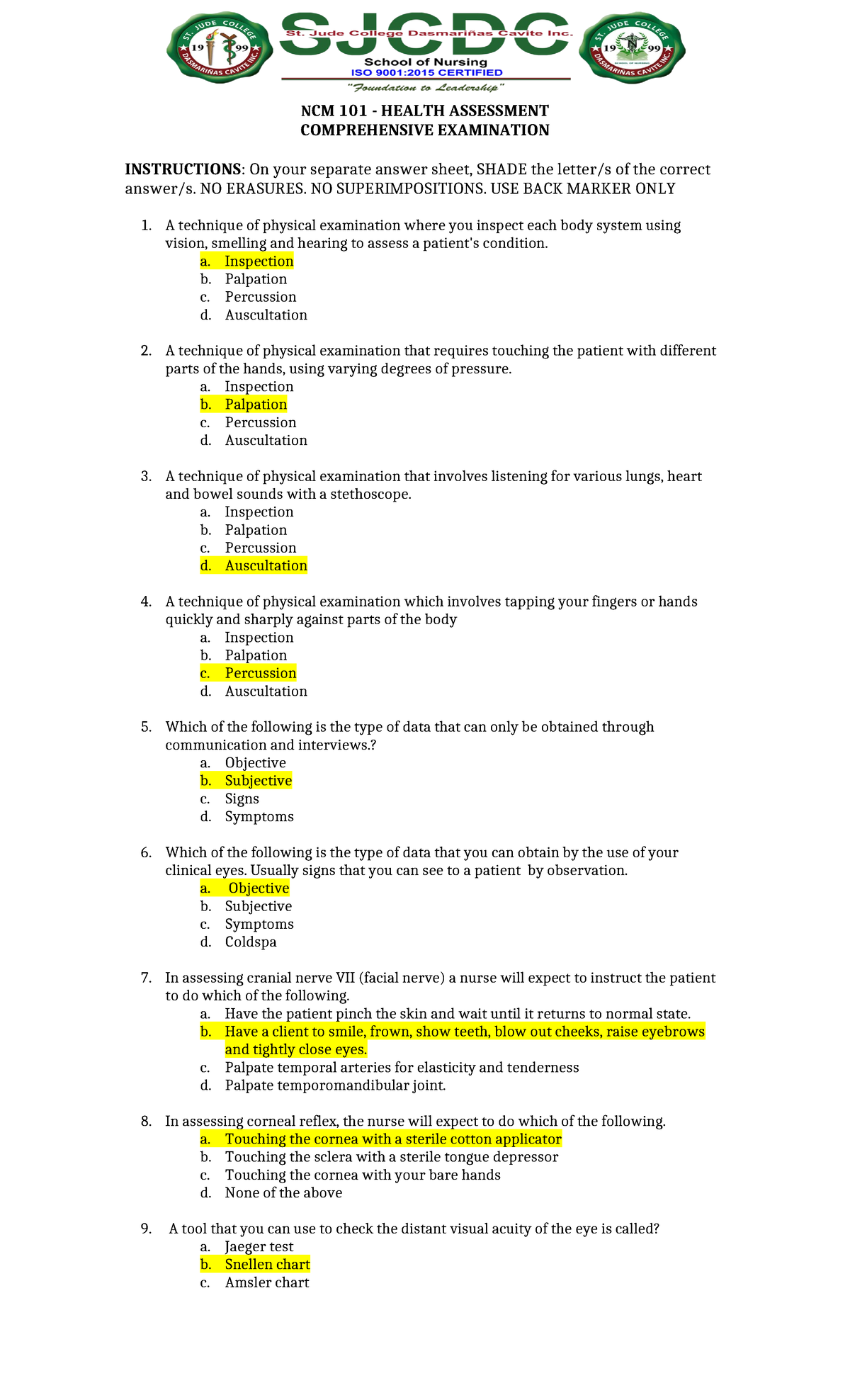 NCM 101 Comprehensive Health Assessment Exam Guide - Studocu