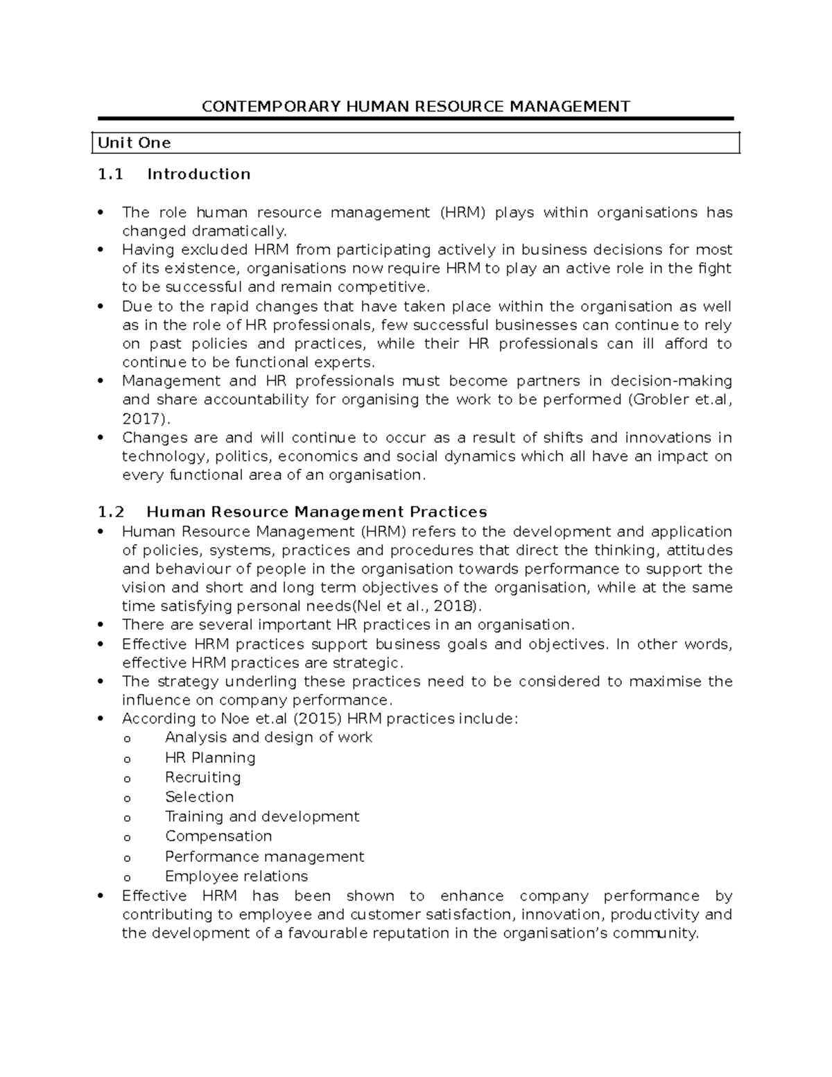 HRM Notes - Understanding Contemporary Human Resource Management - Studocu