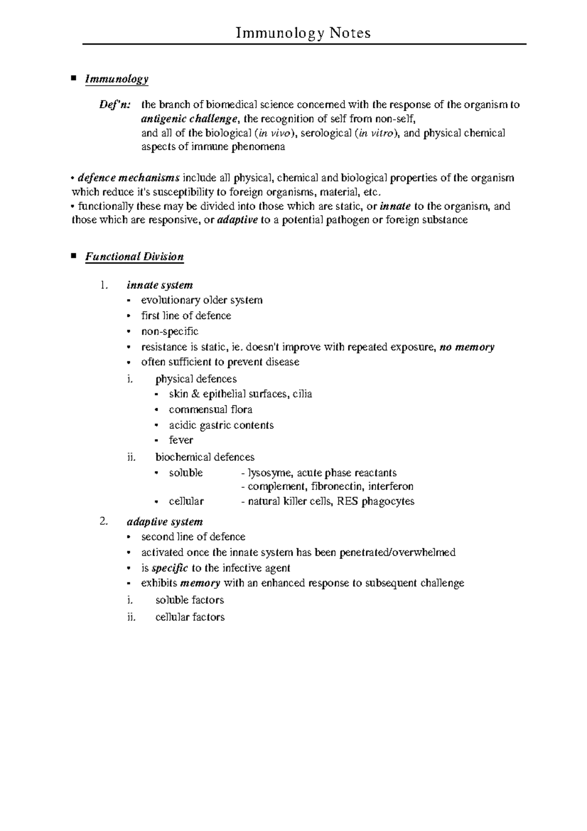 Immunology Notes: Overview of Innate and Adaptive Immune Systems - Studocu