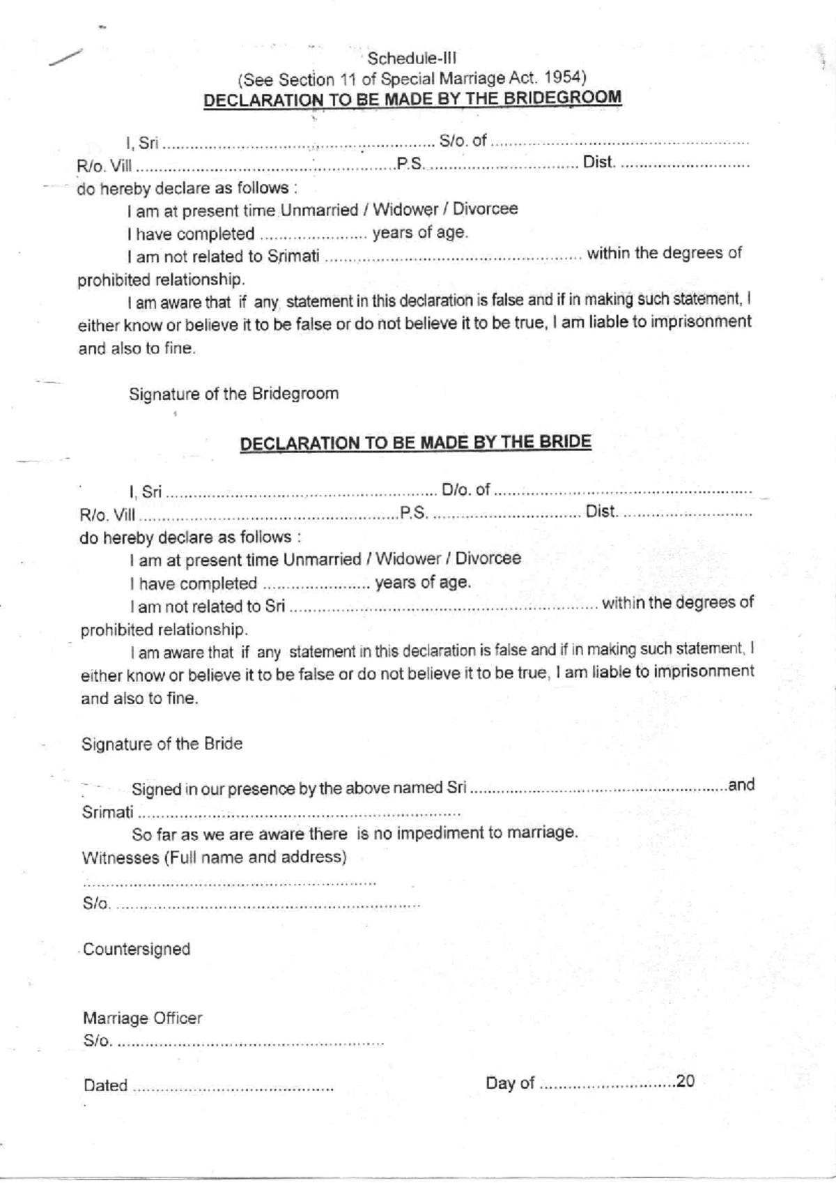 Marriage Declaration Form Under Special Marriage Act 1954 - Studocu