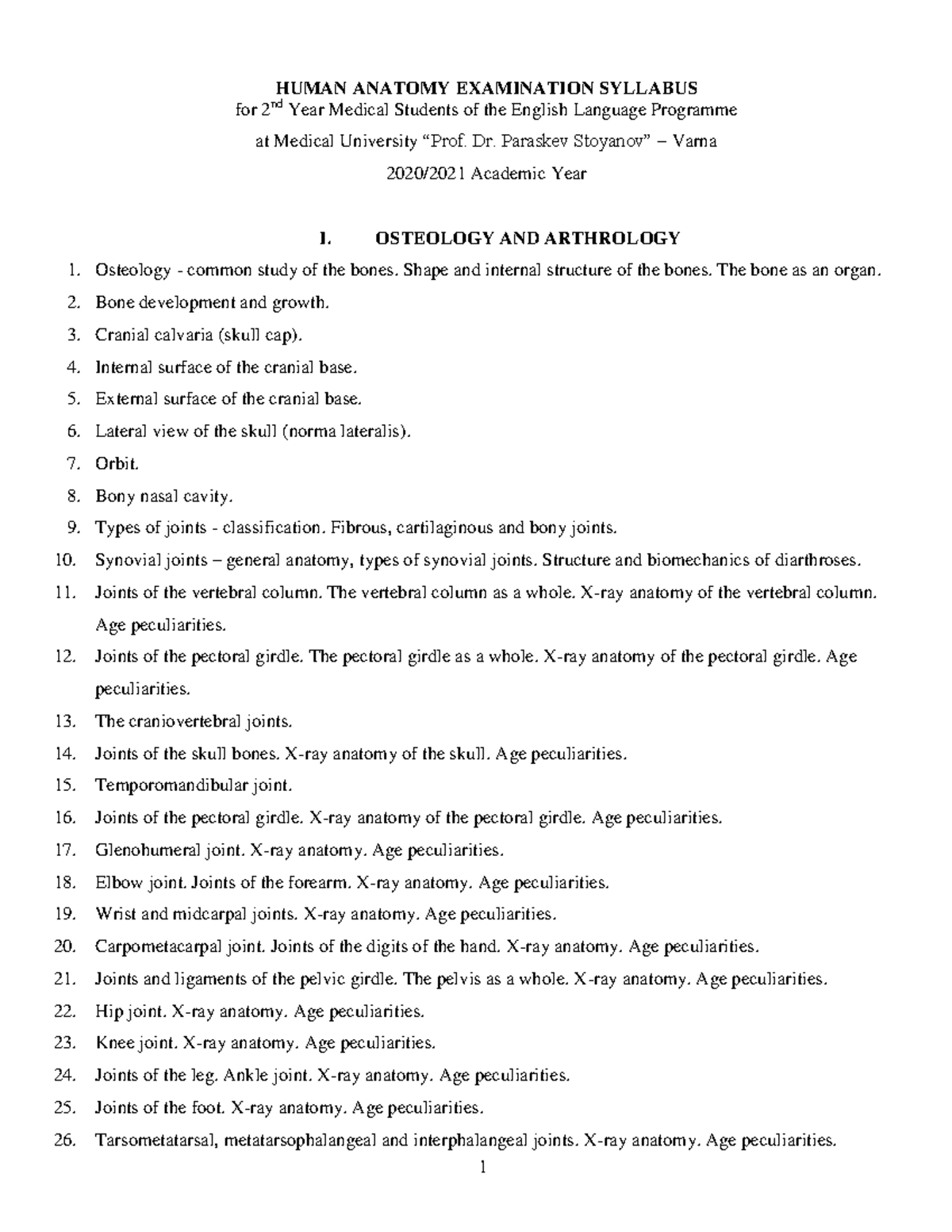 HUMAN ANATOMY EXAM SYLLABUS for 2nd Year Medical Students EN 2020-2021 ...