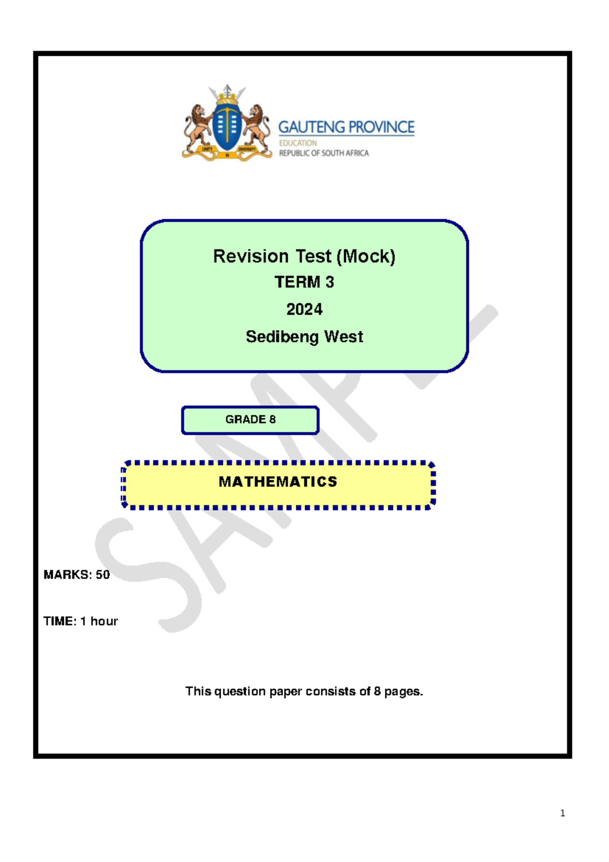 Revision Test (Mock) TERM 3 2024: Grade 8 Mathematics Assessment - Studocu