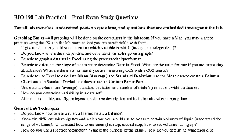 BIO 198 Lab Practical Final Exam Study Guide - Fall 2023 - Studocu