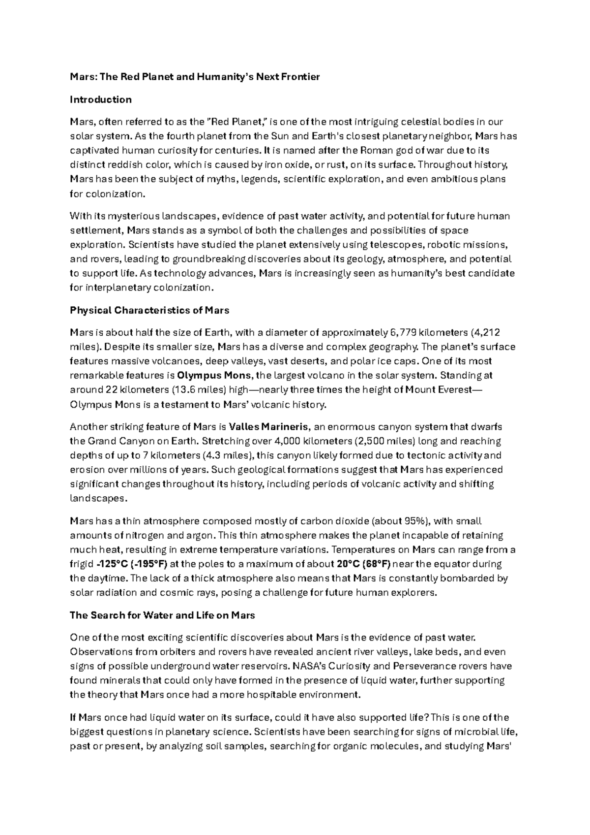 ENG 101: Essay on Mars - Exploring the Red Planet and Its Future ...