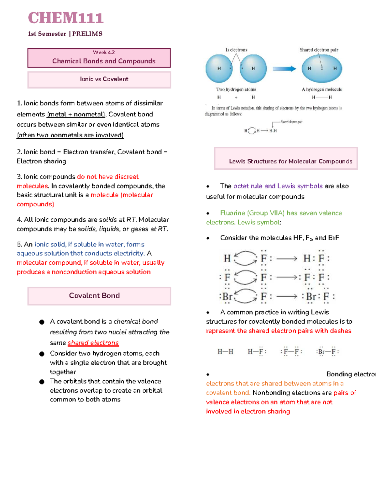 CHEM111 Week 4: Chemical Bonds & Compounds - Ionic vs Covalent - Studocu