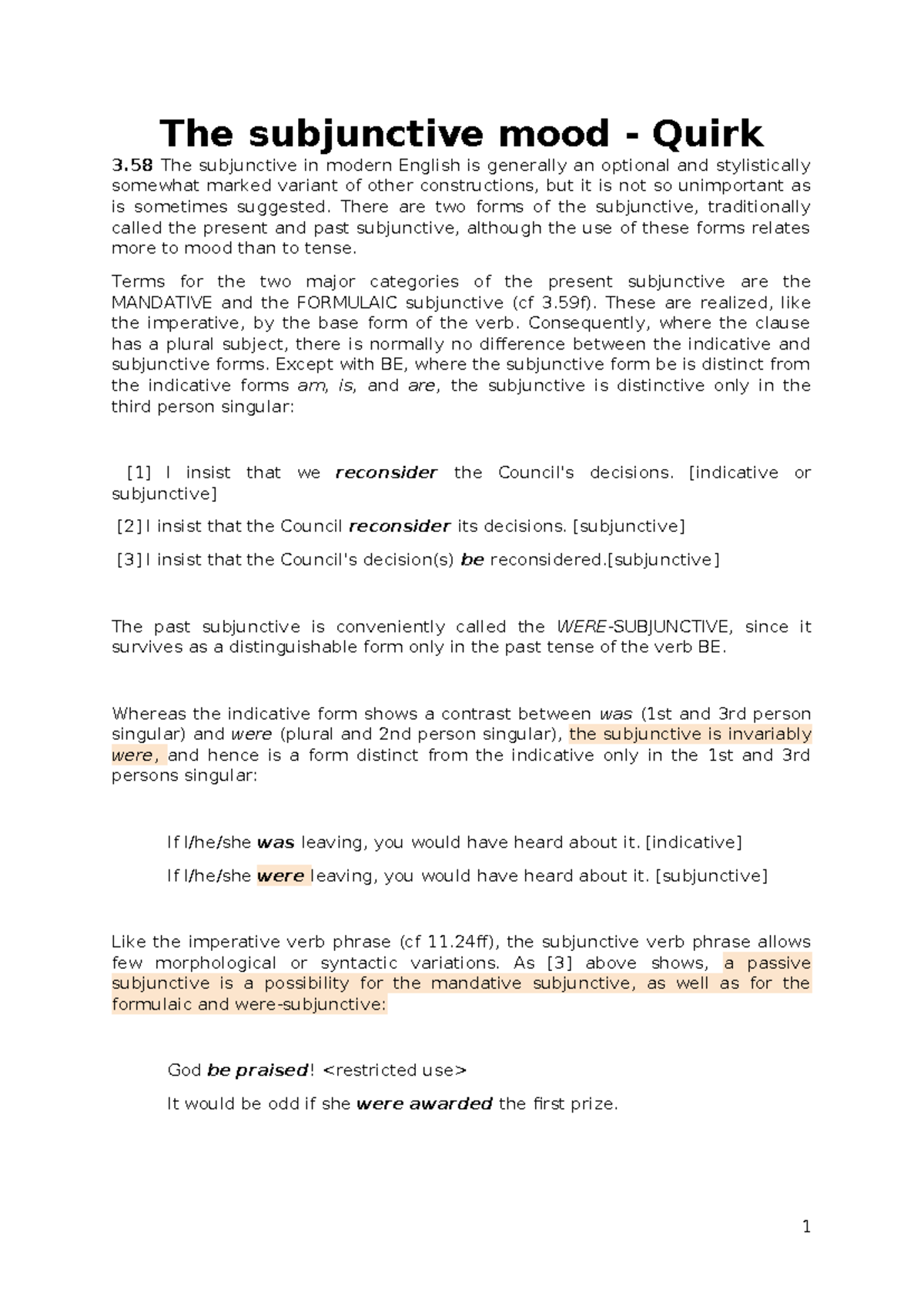 The Subjunctive Mood - Quirk: Understanding Usage and Forms - Studocu