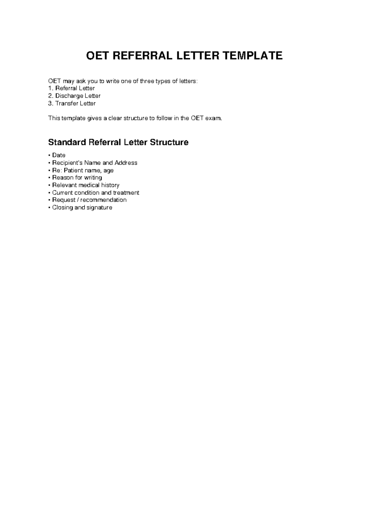OET Writing Full Pack: Referral, Discharge & Transfer Letter Templates ...