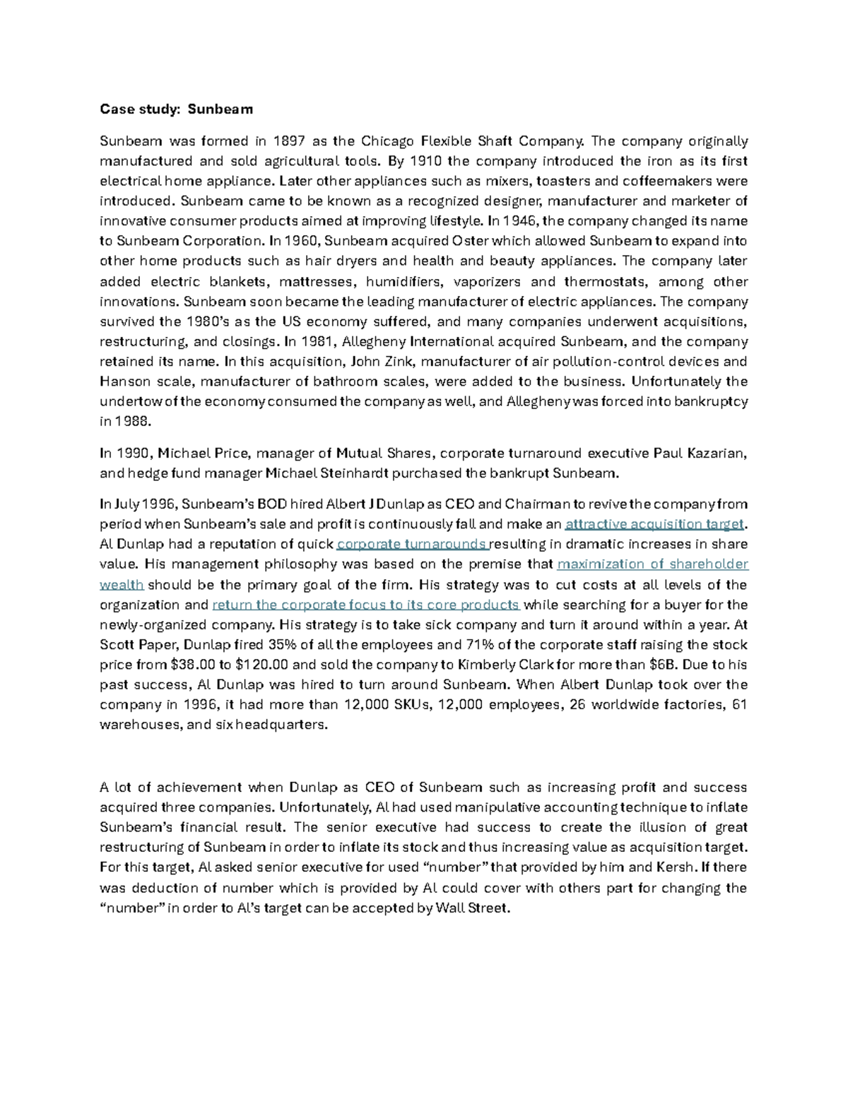 T4 - Case Study: Sunbeam Corporation's Rise and Fall - Studocu