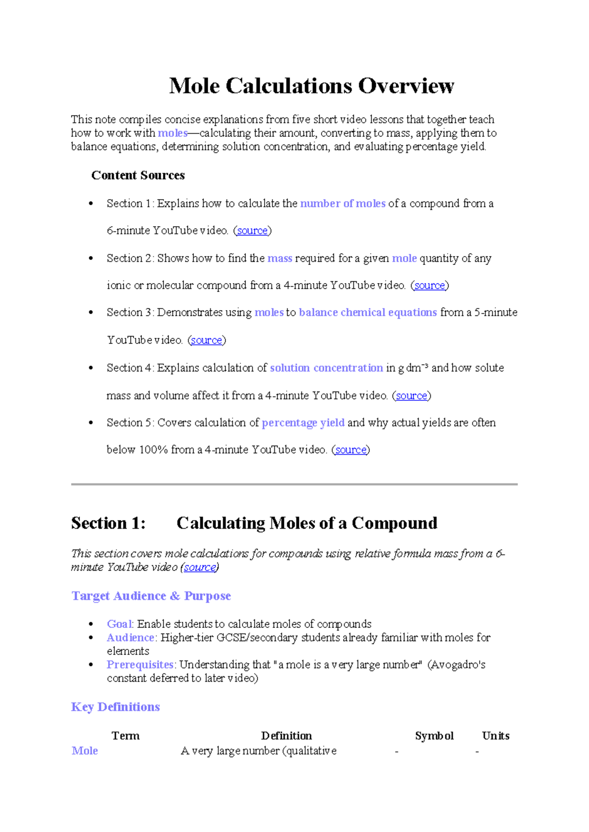 Mole Calculations Overview: Key Concepts & Examples for Chem 101 - Studocu