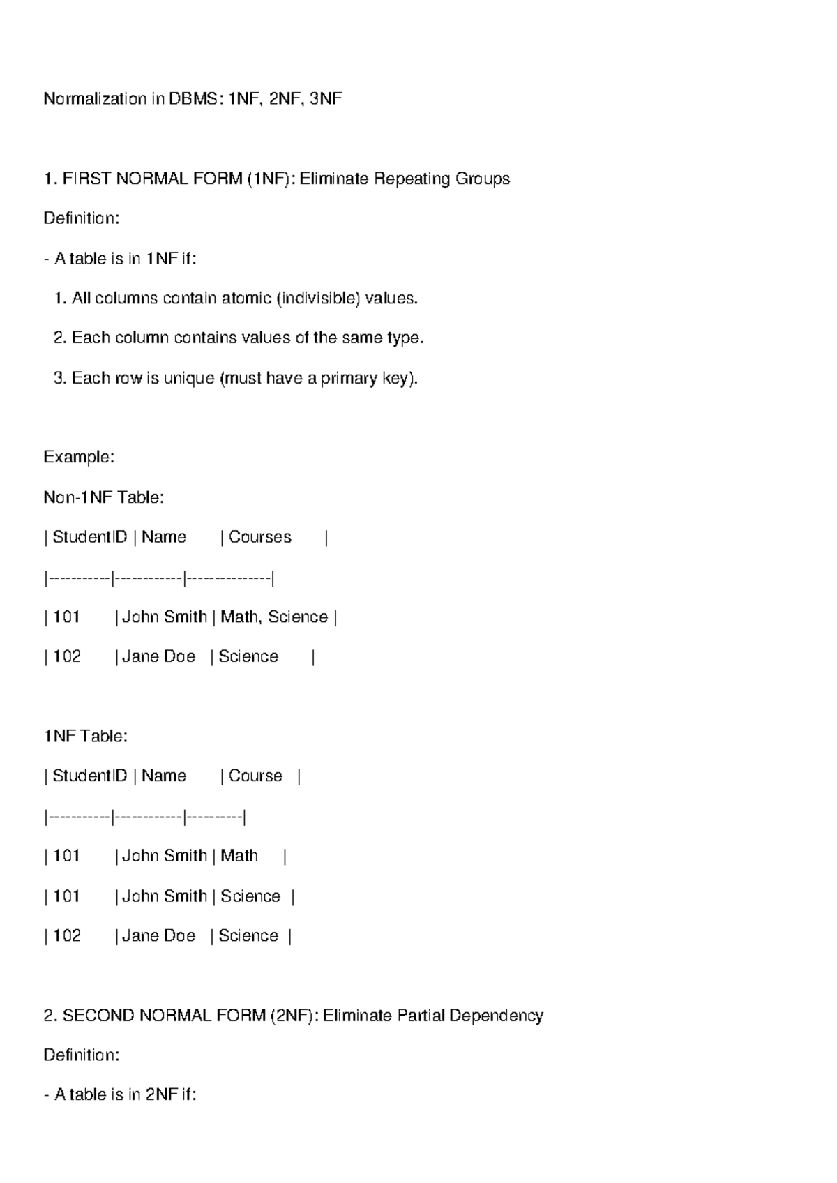 Normalization in DBMS: Understanding 1NF, 2NF, and 3NF Concepts - Studocu