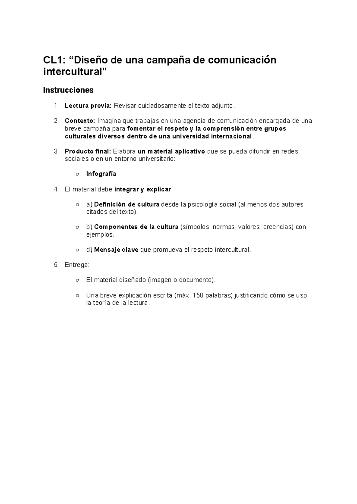 CL1: Instrucciones para Campaña de Comunicación Intercultural - Studocu