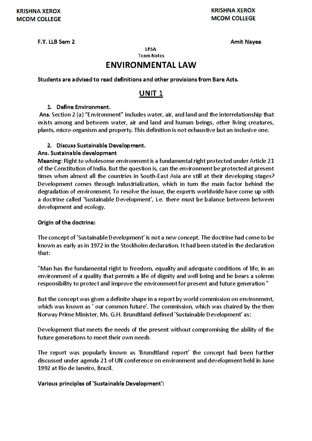 Environmental Law Notes - LLB 2nd Year - Comprehensive Overview - Studocu