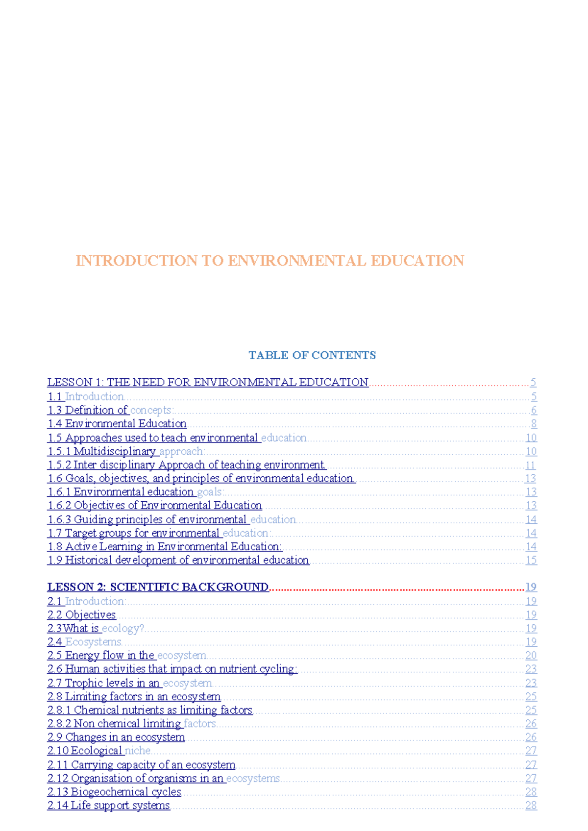 Environmental education lesson notes (EAEN 101) - Studocu
