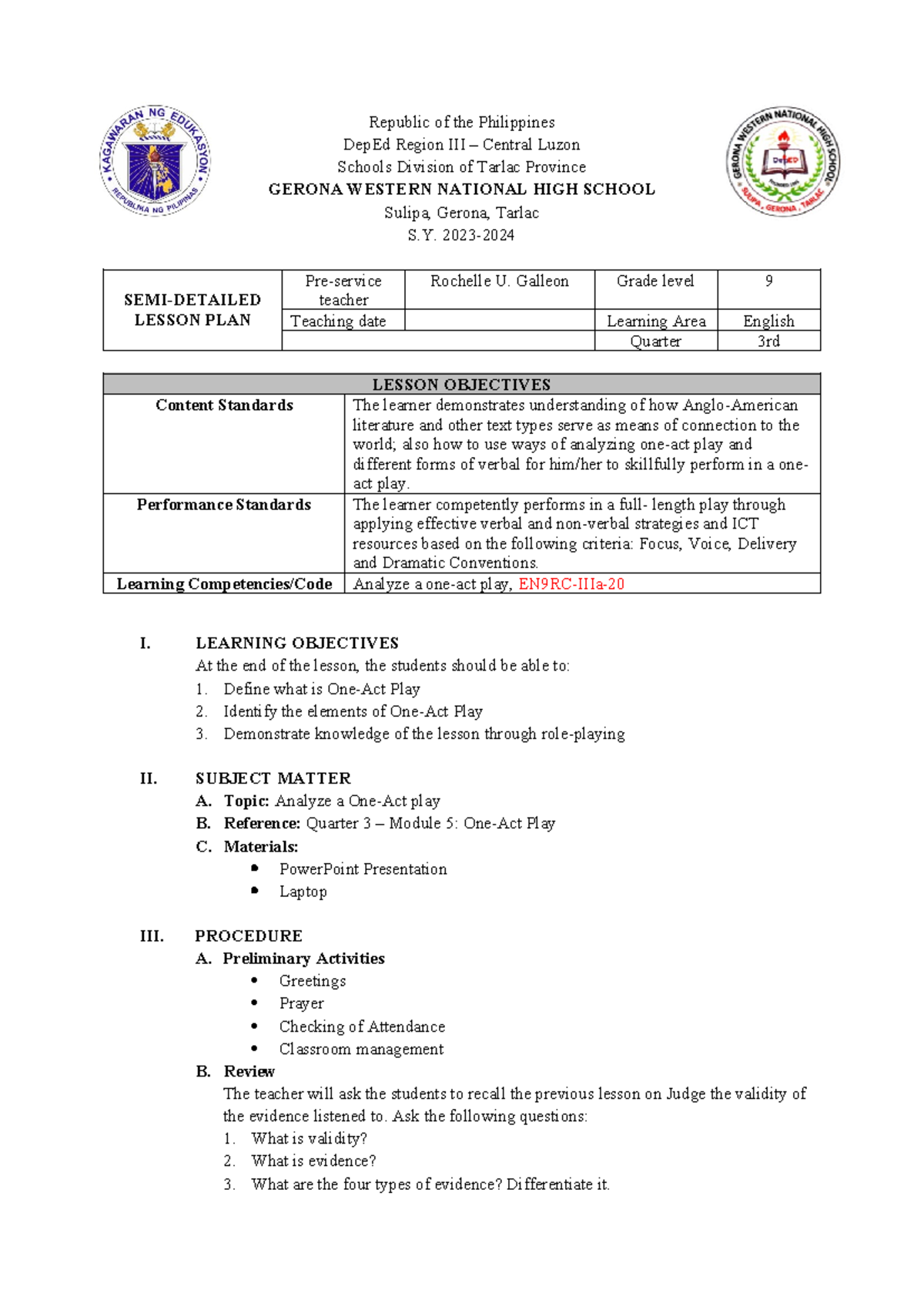 Analyzing One-Act Plays: Semi-Detailed Lesson Plan for EN9RC-IIIa-1 ...