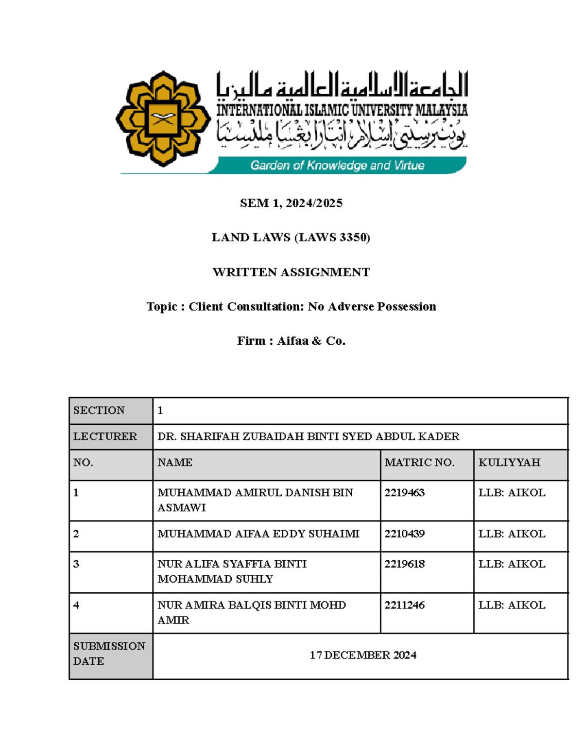 Land Written 2 - ... - SEM 1, 2024/ LAND LAWS (LAWS 3350) WRITTEN ...