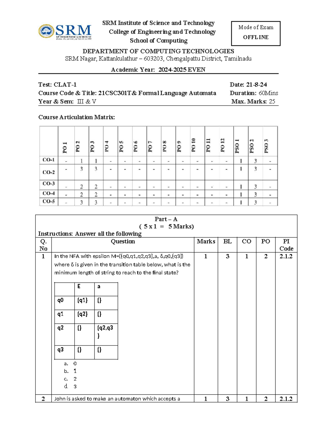 CT1-FLA Final Exam Answer Key for Formal Language Automata - Studocu