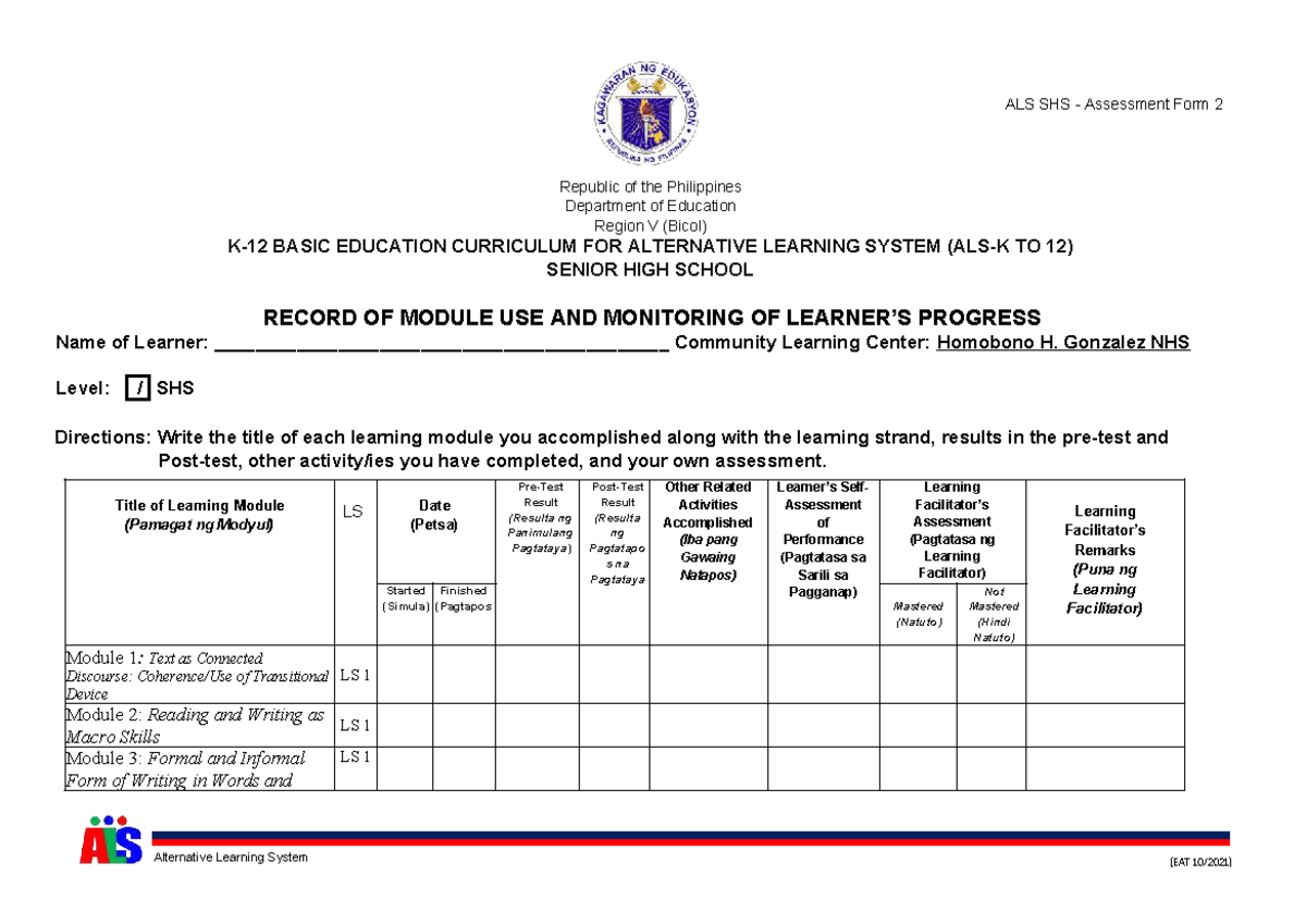ALS SHS Assessment Form 2: Record of Module Use & Progress - Studocu