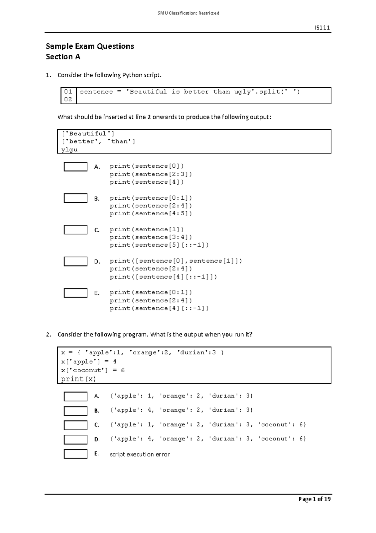 IS111 Trial Exam V1 - Python Programming Practice Questions - Studocu