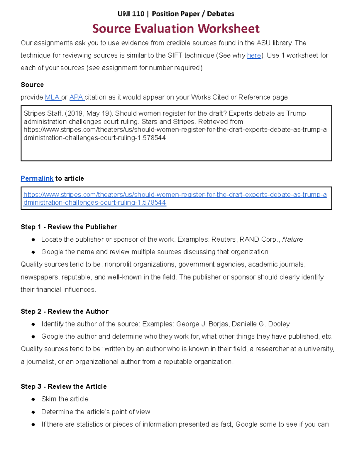 UNI 110 Source Evaluation Worksheet for Position Paper/Debates - Studocu