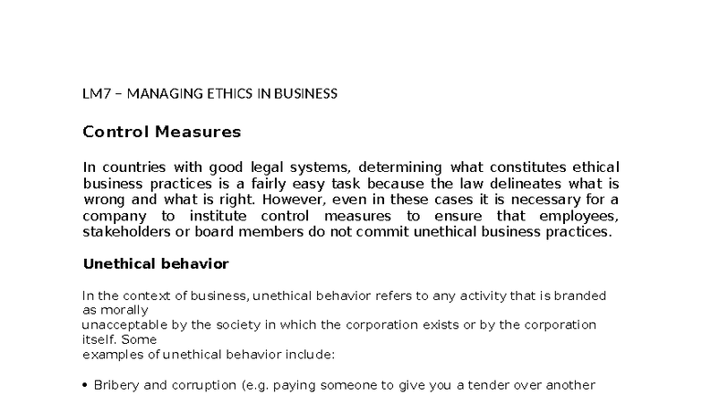 LM7 Managing Ethics in Business: Control Measures and Ethical Practices ...