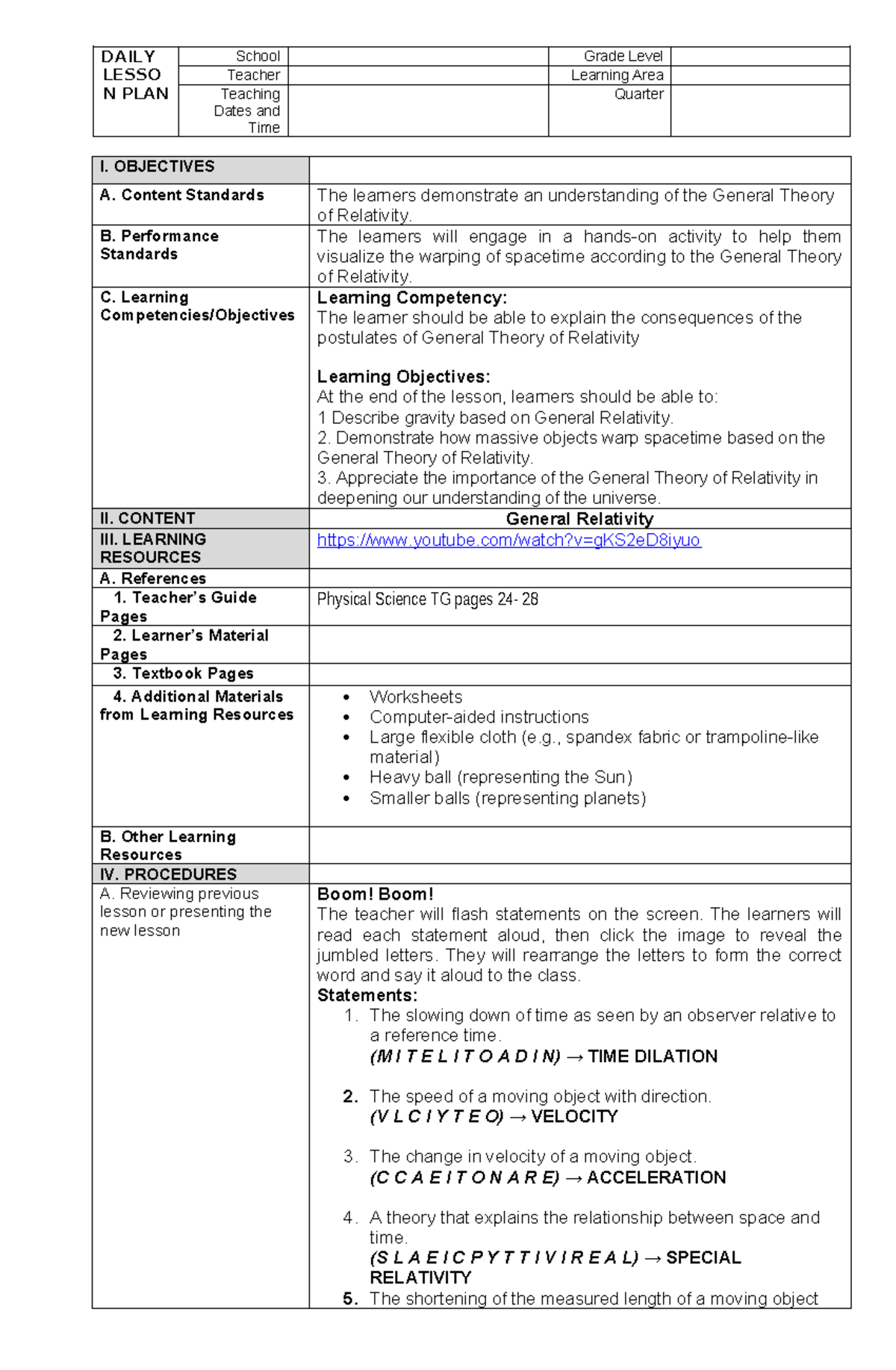 DAILY LESSON PLAN: General Theory of Relativity (Grade Level) - Studocu