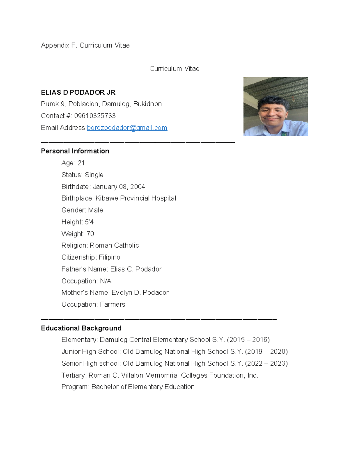 Appendix F: Curriculum Vitae of Bachelor of Elementary Education Students - Studocu