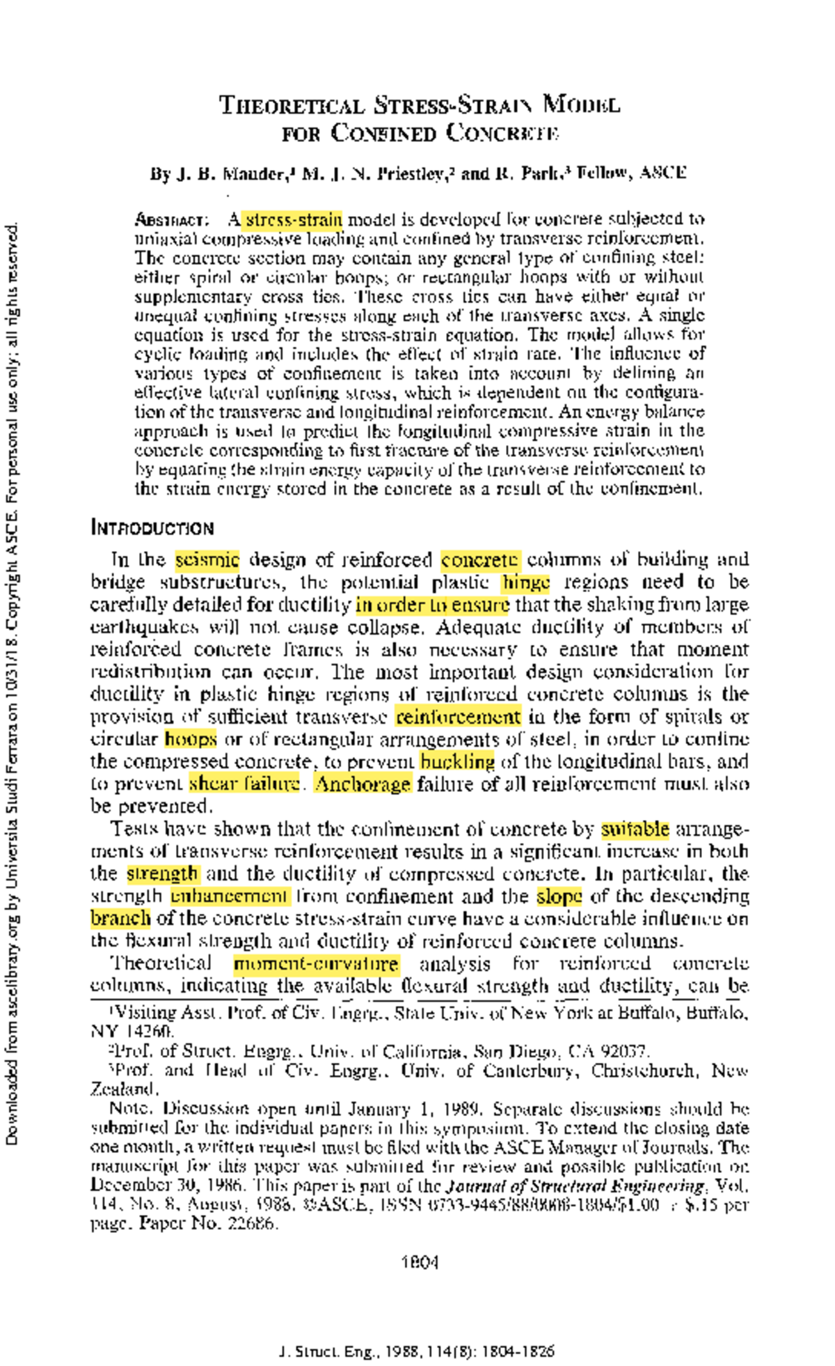 Theoretical Stress-Strain Model for Confined Concrete by Mander ...