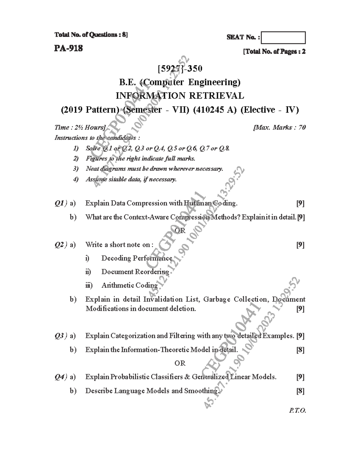 B.E. (Comp Eng) IR Endsem Exam Paper Nov 2022 (410245 A) - Studocu