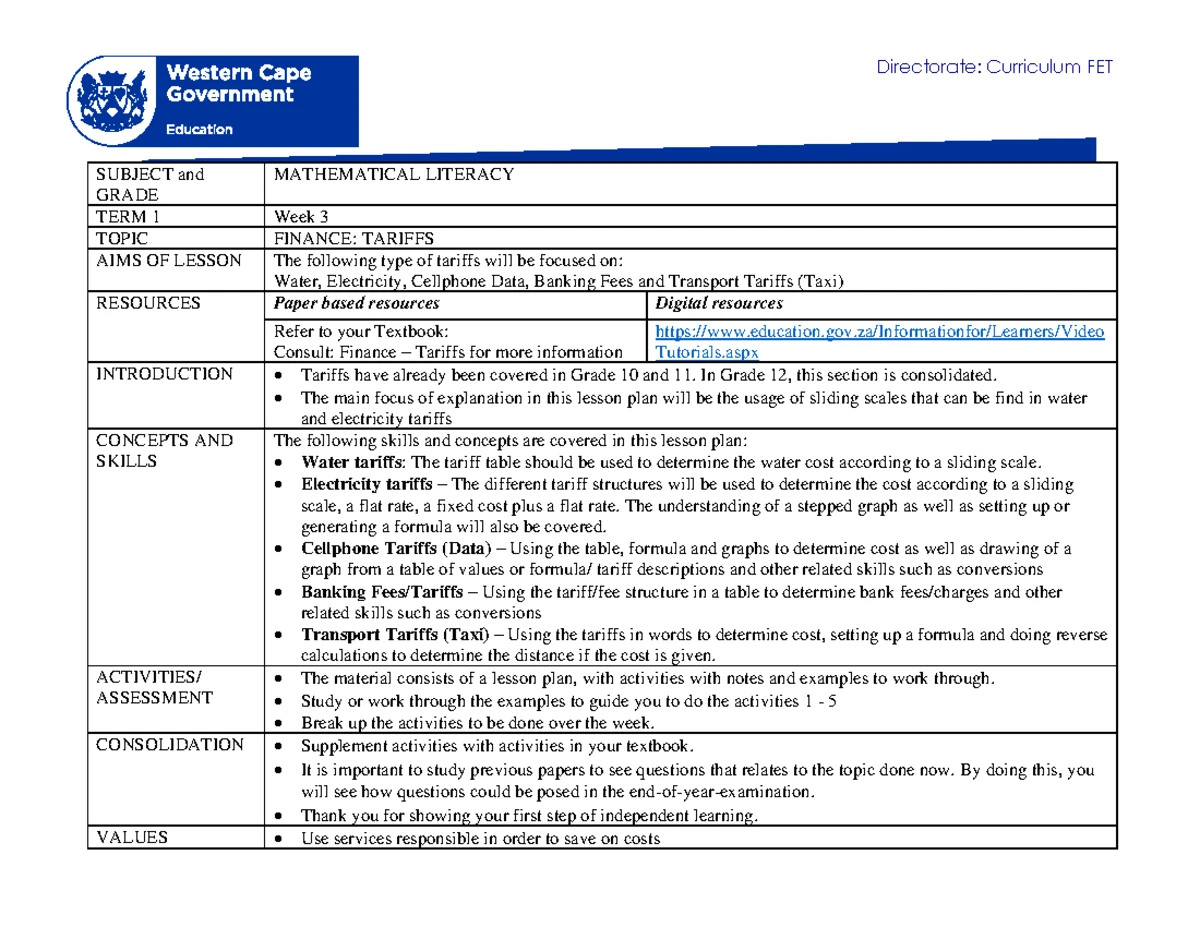 Mathematical Literacy Grade 12 Term 1 Week 3 2021 - Directorate ...