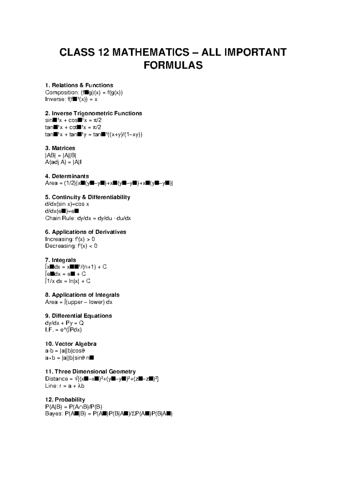Class 12 Maths All Formulas - CLASS 12 MATHEMATICS – ALL IMPORTANT ...