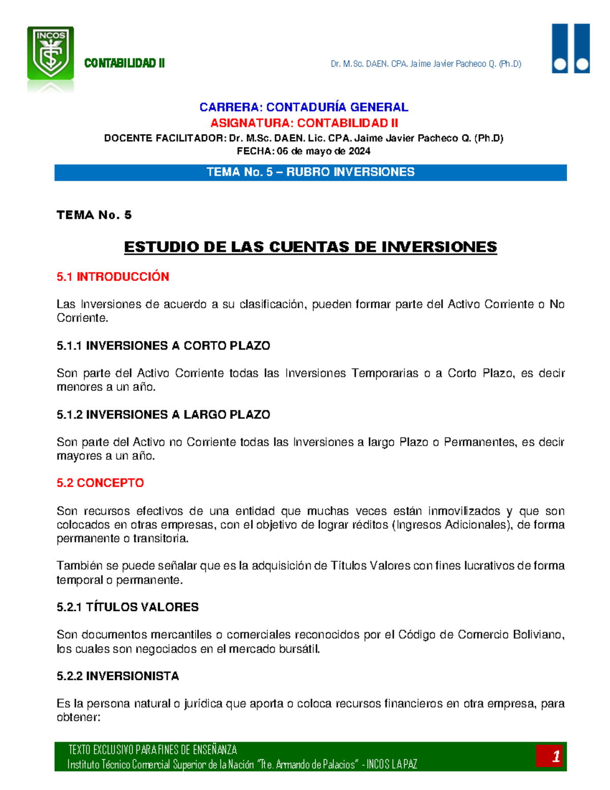 TEMA No. 5: Inversiones en Contabilidad II - Dr. Pacheco - Studocu