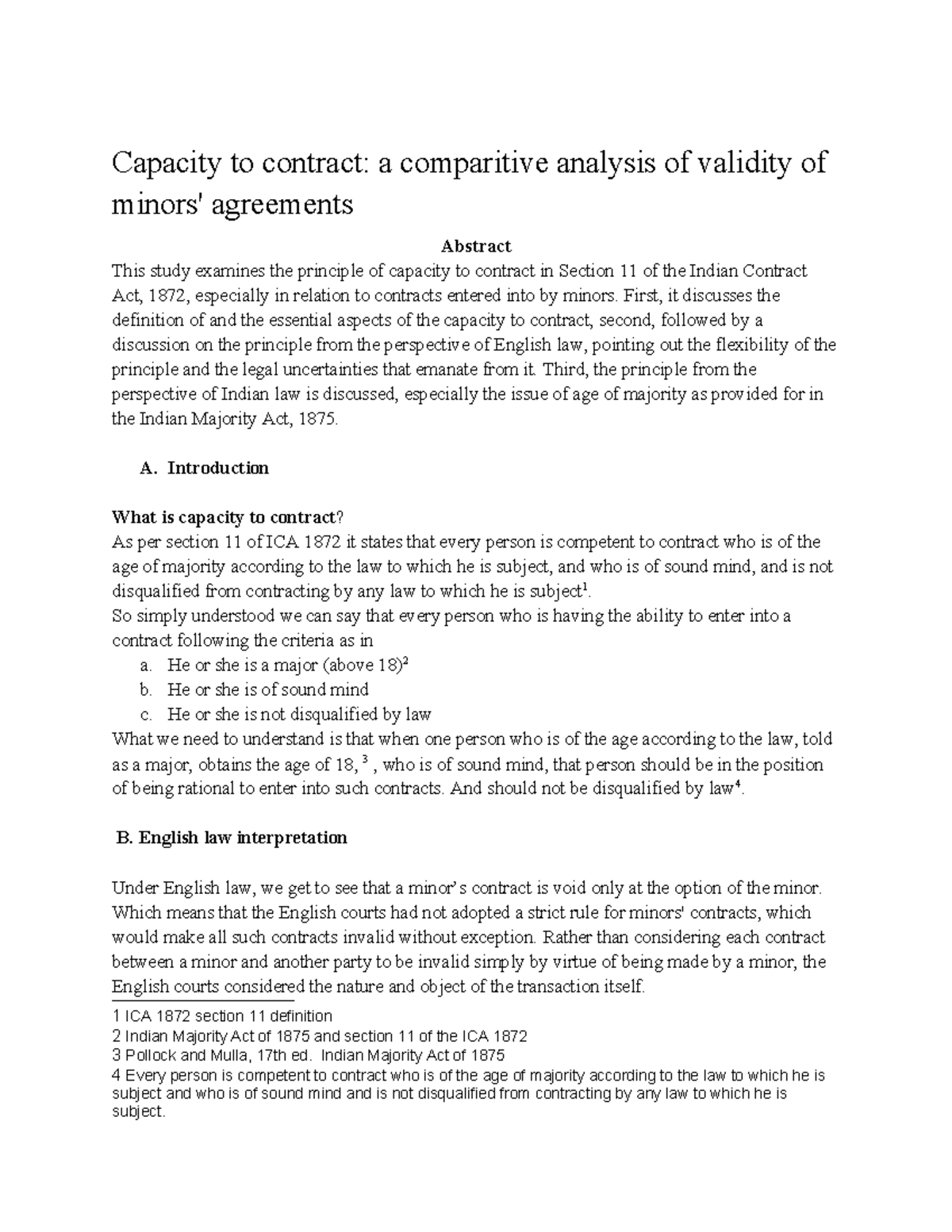Comparative Analysis of Capacity to Contract: Indian vs. English Law ...