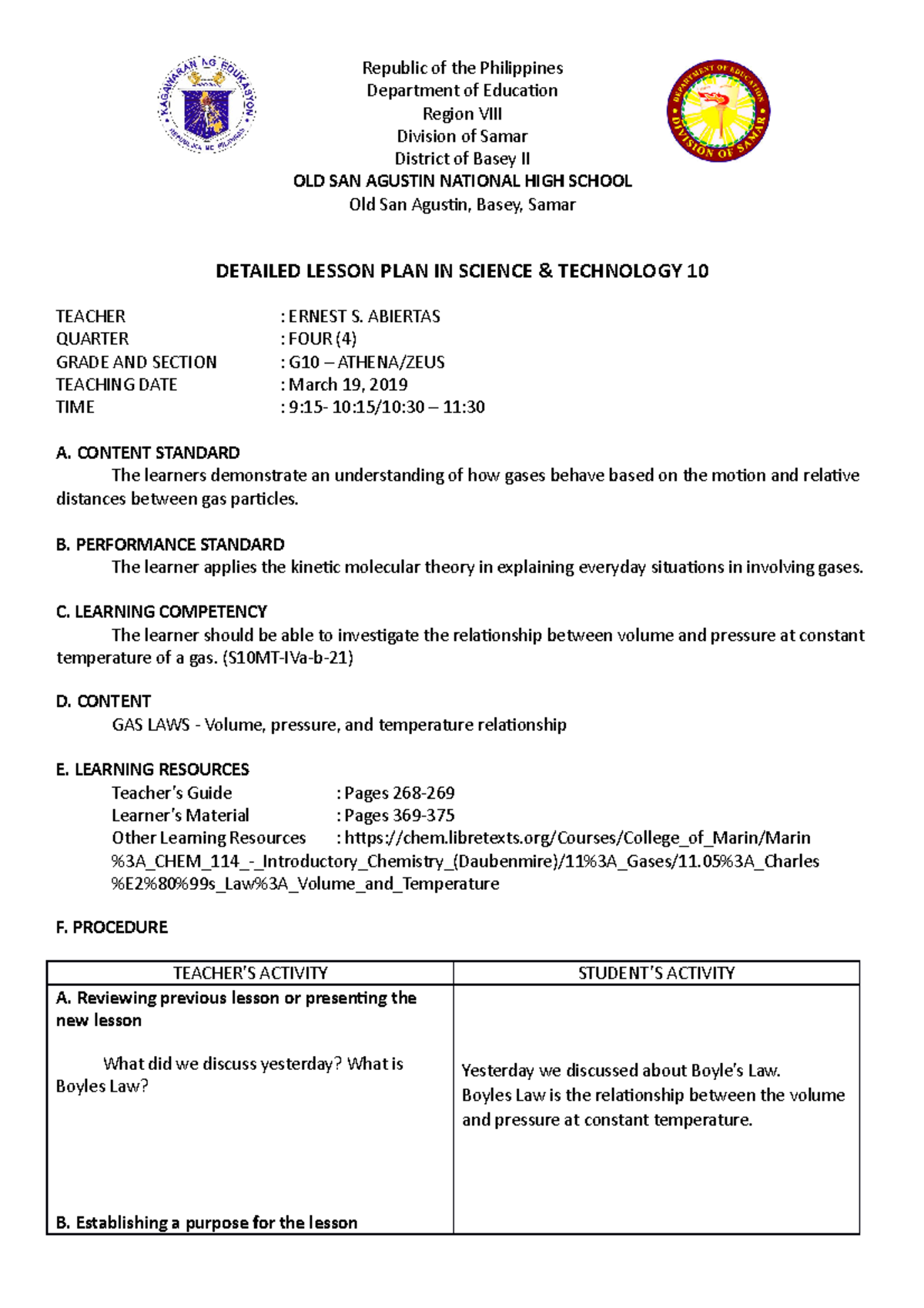 Detailed Lesson Plan on Charles' Law - Grade 10 Science & Tech - Studocu