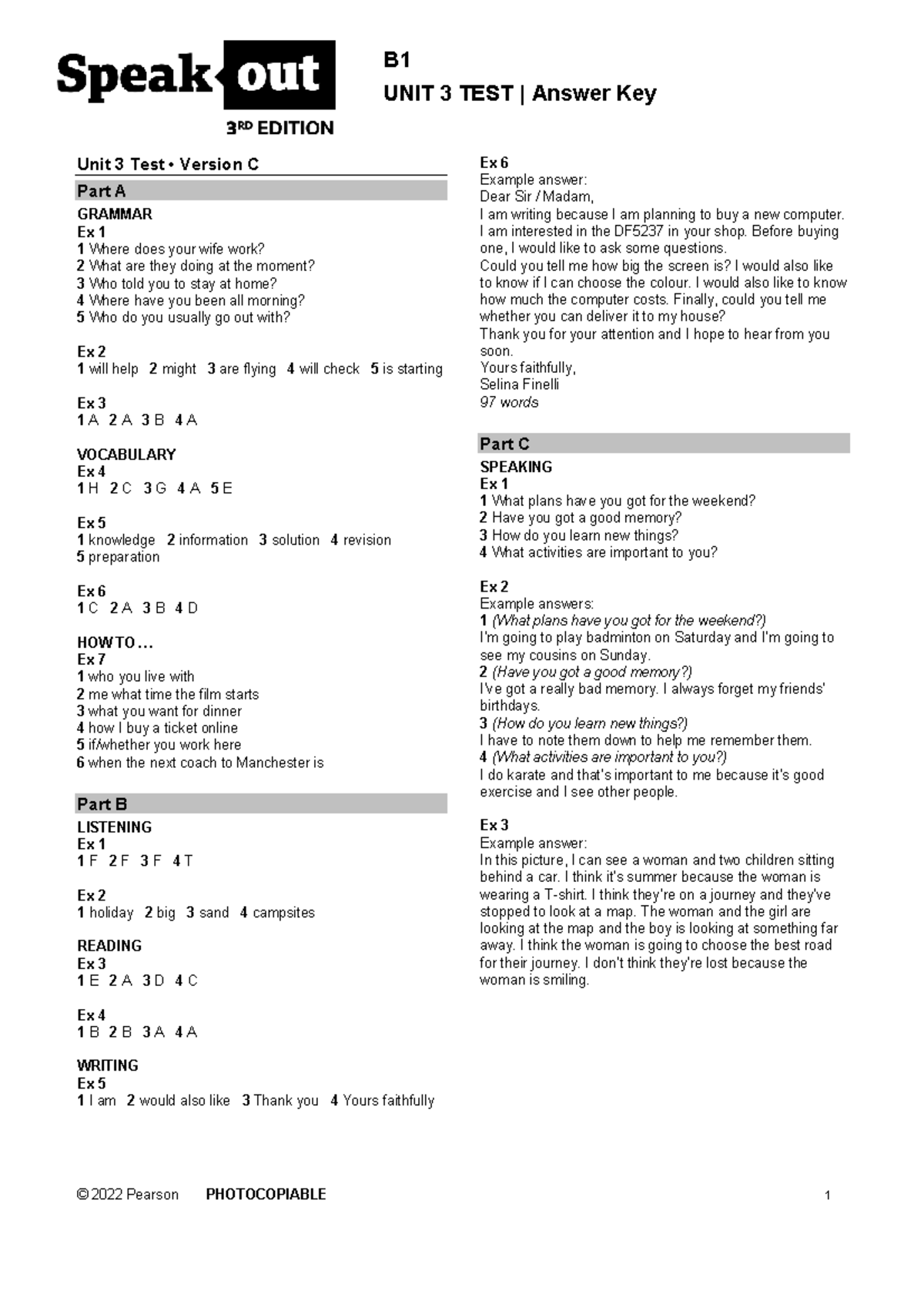 SO3 B1 Unit Test U3C Answer Key - © 2022 Pearson PHOTOCOPIABLE 1 B UNIT ...