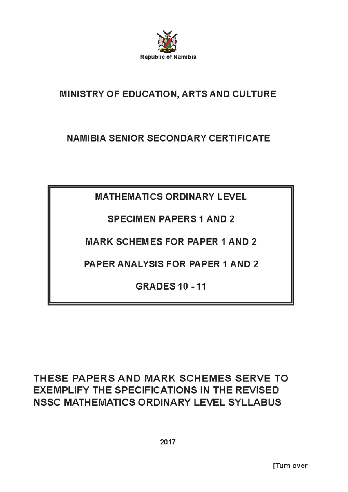 NSSCO Mathematics Specimen Paper 1 & 2 Mark Schemes - Grades 10 & 11 ...