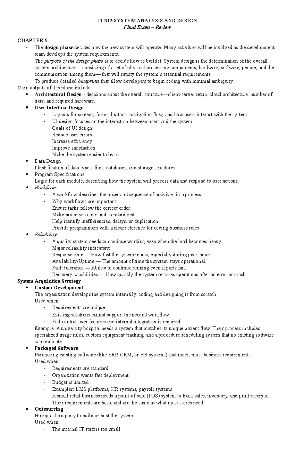 IT 313 SYSTEM ANALYSIS AND DESIGN Final Exam Review: Chapters 6-10 ...