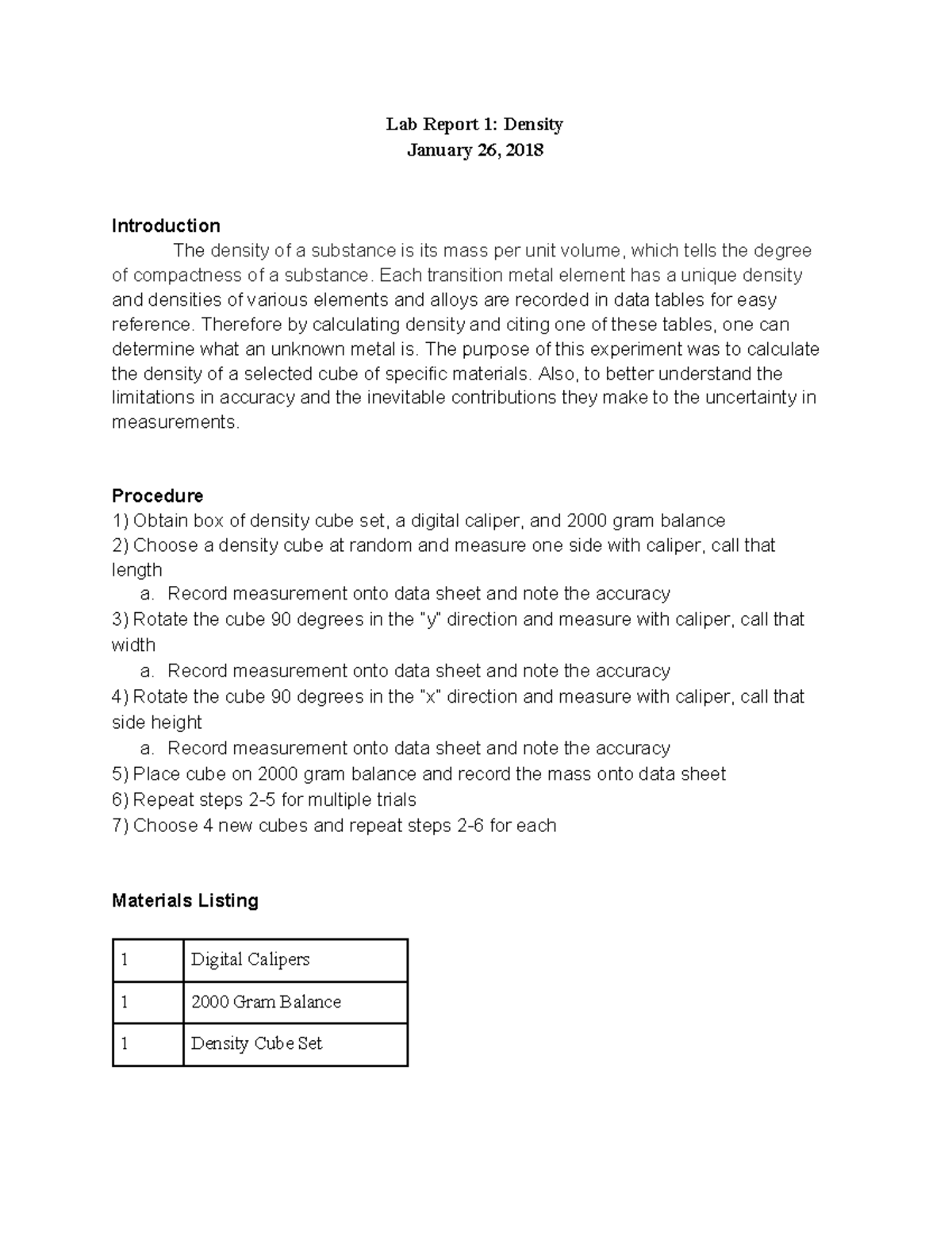 Lab Report 1: Density Measurement of Various Cubes - Jan 26, 2018 - Studocu